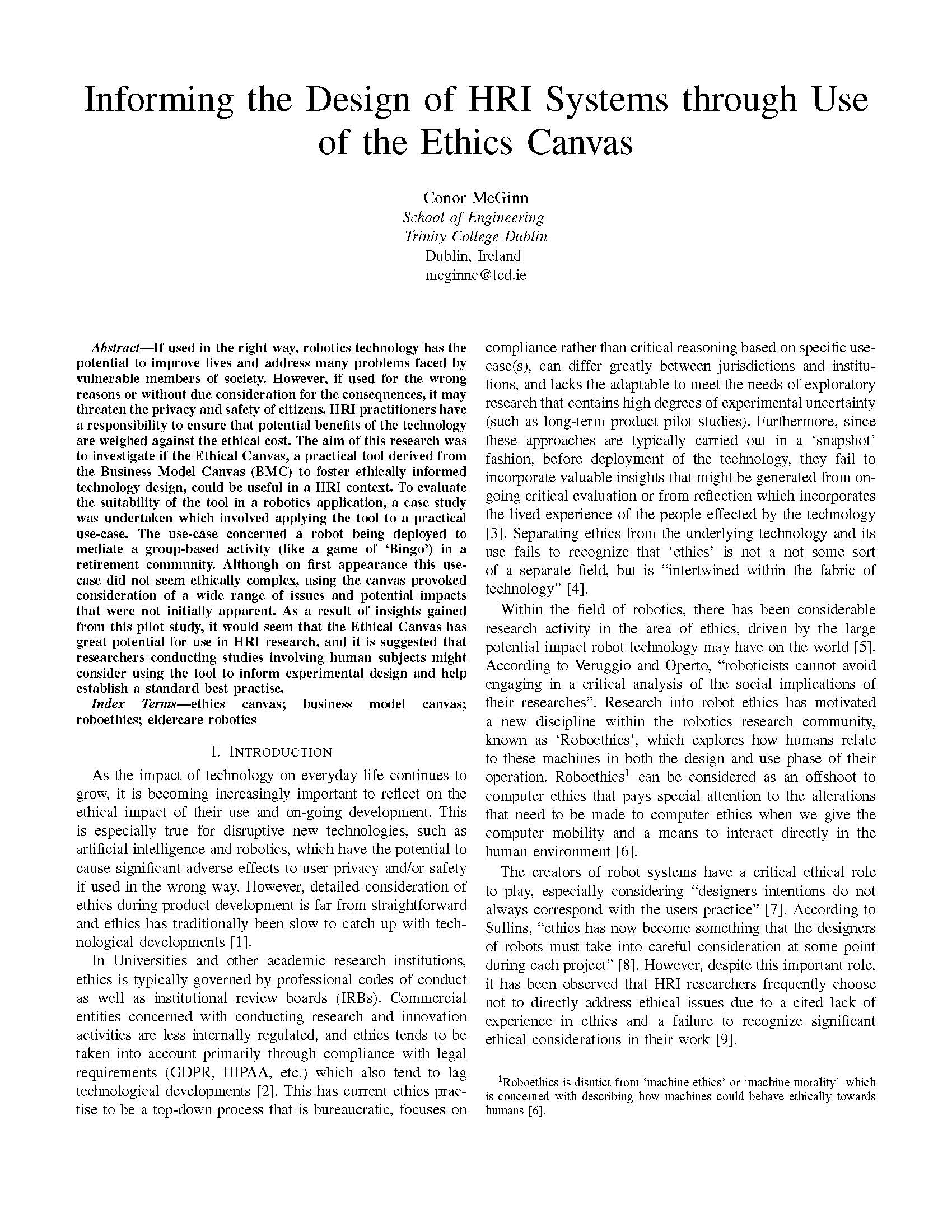 Applying Ethical Canvas for HRI Applications - Army Distaff